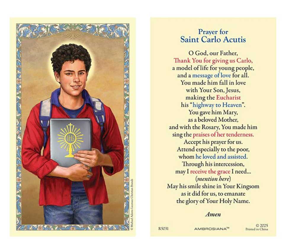 Saint Carlo Acutis Laminated Prayer Card – Celtic Cove Catholic Bookstore
